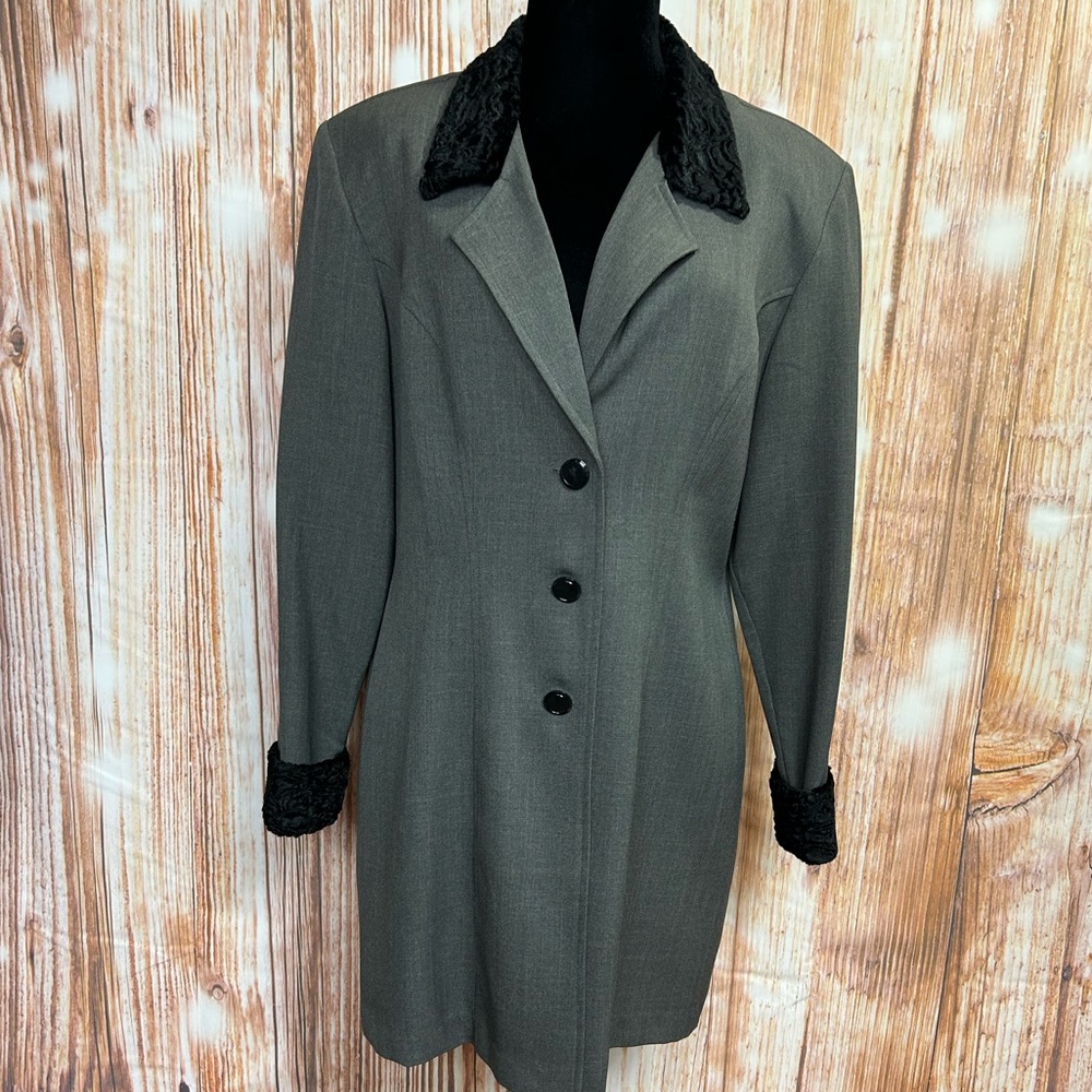 Vintage Dawn Joy Faux Fur Trimmed Long Blazer - Gem